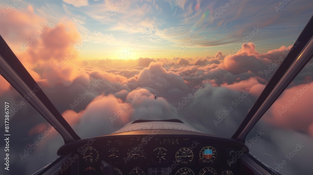 A pilot is view from the cockpit and control panel of an airplane ...