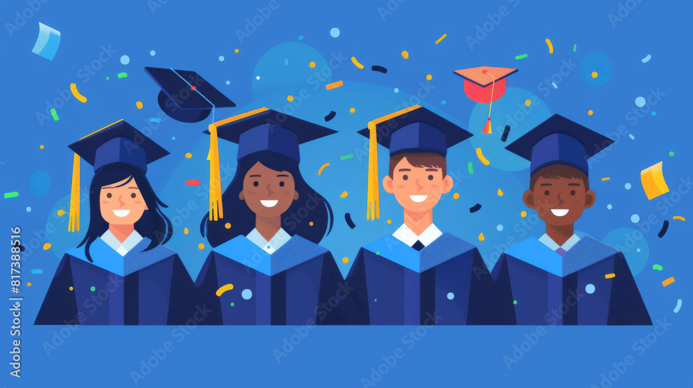 Illustration of diverse cartoon graduates throwing their caps amid a ...