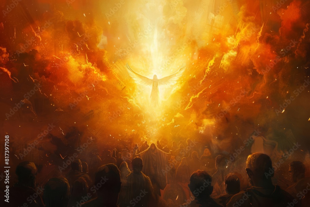 dramatic pentecost scene with descending holy spirit as dove and ...