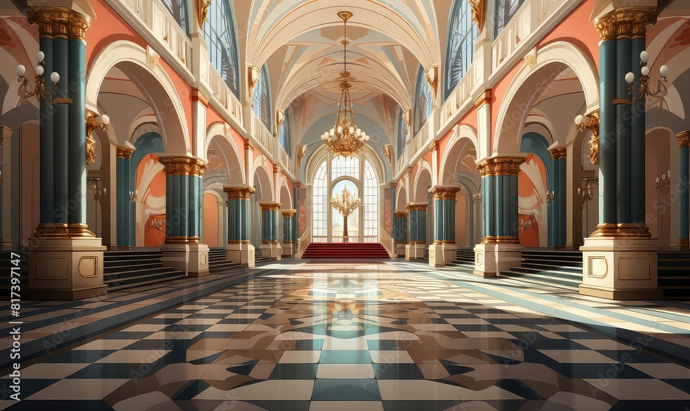 Foyer background flat design side view luxurious ornate hall theme ...