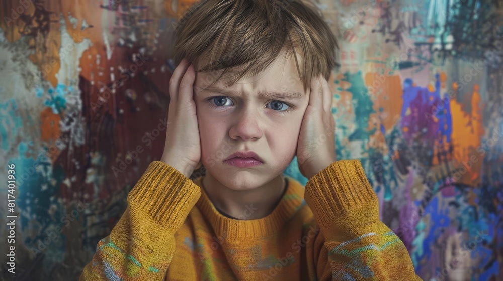distressed autistic boy covering ears overwhelmed by sensory input ...