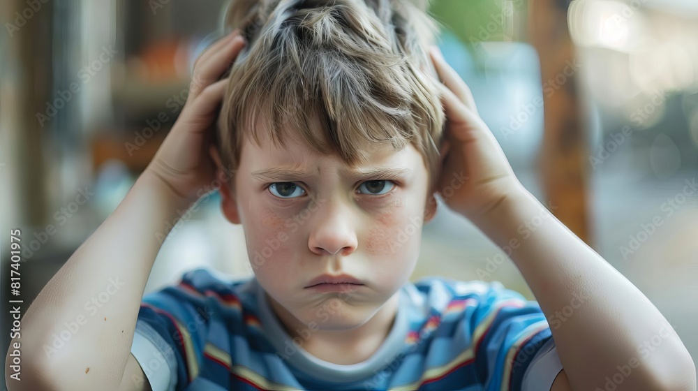 distressed autistic boy covering ears overwhelmed by sensory input ...