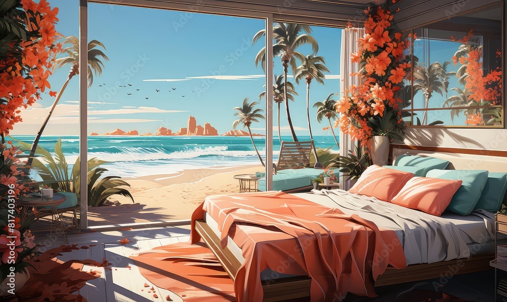 Guest Room background flat design side view seaside retreat theme ...