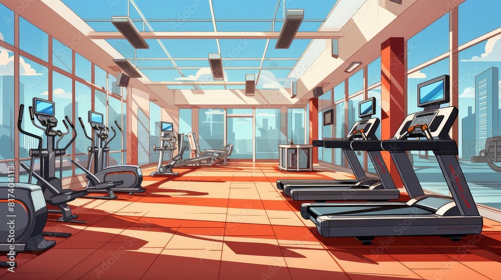 Gym background flat design front view vibrant cardio zone theme cartoon ...