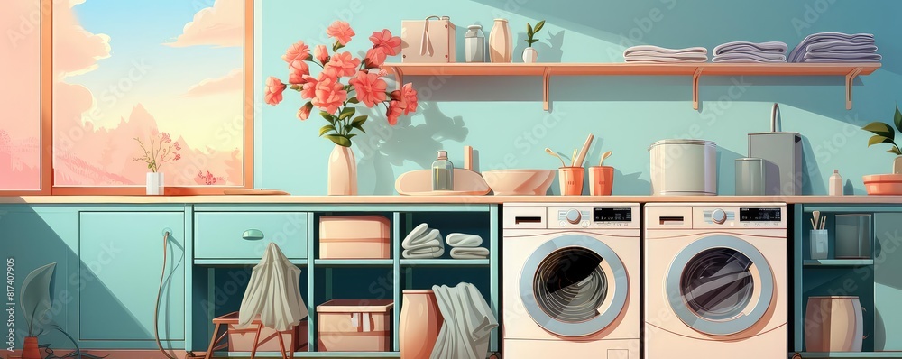 Laundry Room background flat design top view rustic charm theme water ...