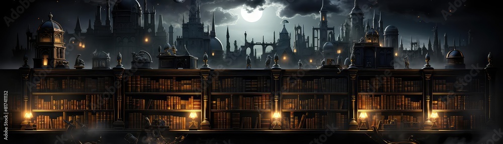 Library background flat design top view dark academia theme 3D render ...