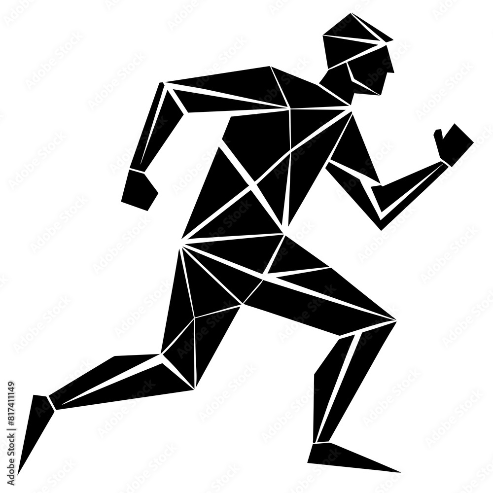 Geometric running man, black and white, vector illustration, white ...