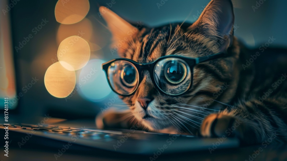 Quirky cat wearing glasses, peering at a computer with curiosity ...