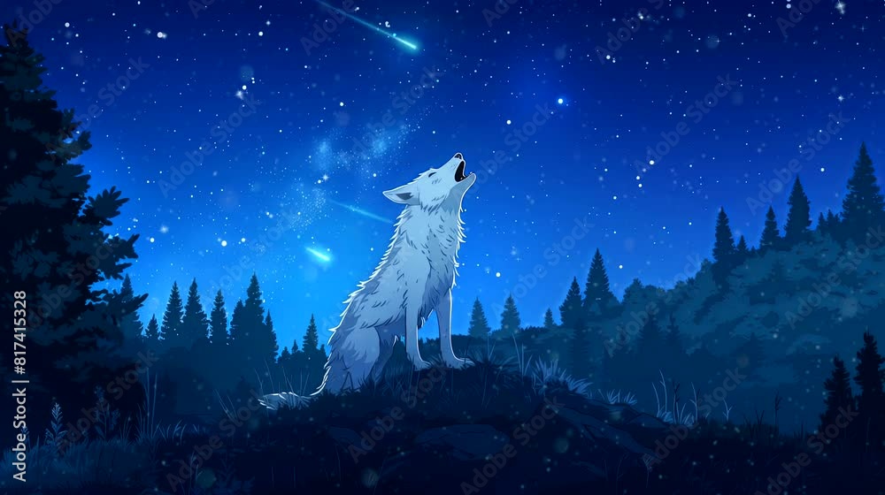 Wolf calls out under the starlit night sky. Anime or digital painting ...