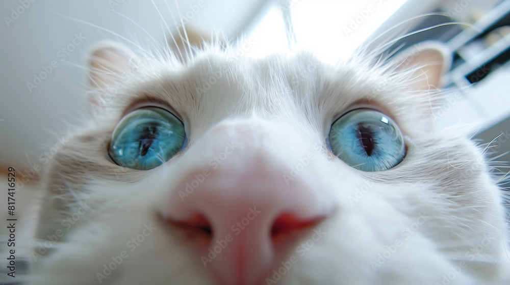 Photo captured with a fisheye lens featuring a plump white cat peering ...