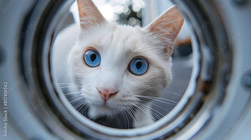 Photo captured with a fisheye lens featuring a plump white cat peering ...