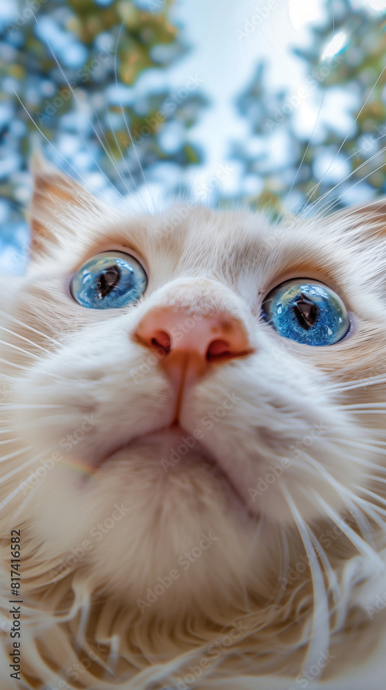 Photo captured with a fisheye lens featuring a plump white cat peering ...