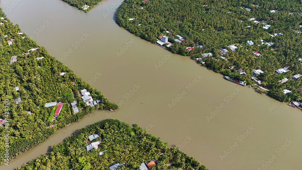 Amazing aerial view of Mekong Delta, vast coconut, nipa tree field ...