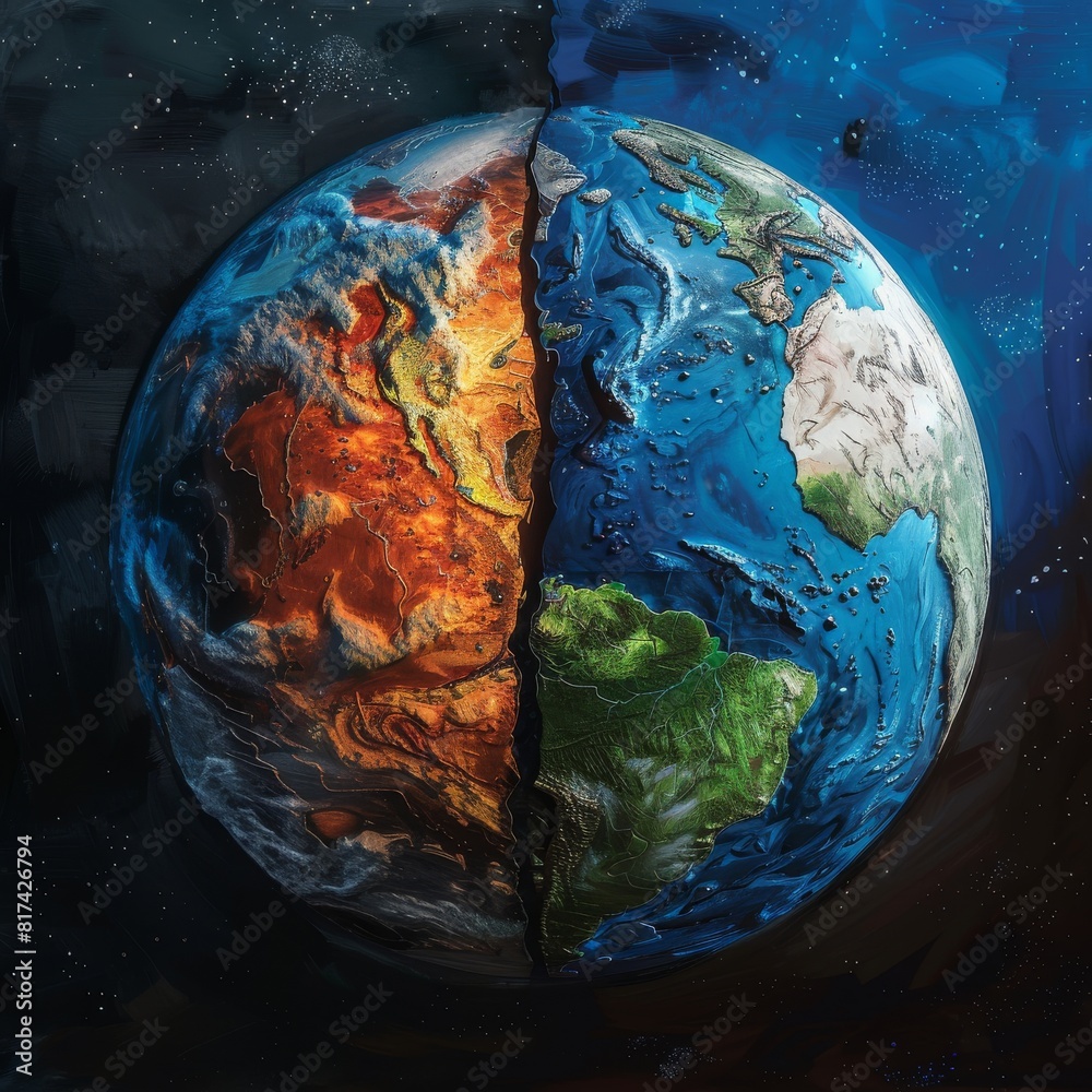 Artistic Earth with climate change divide, one side barren, the other ...