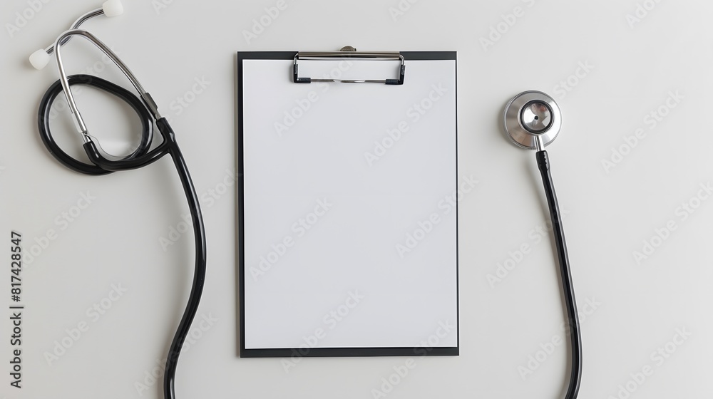 Blank medical clipboard with stethoscope on white background. Copy ...