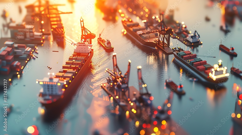 Create a dynamic aerial perspective of a bustling seaport with ...