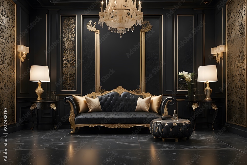 Royal luxury living room interior design, modern black and golden ...