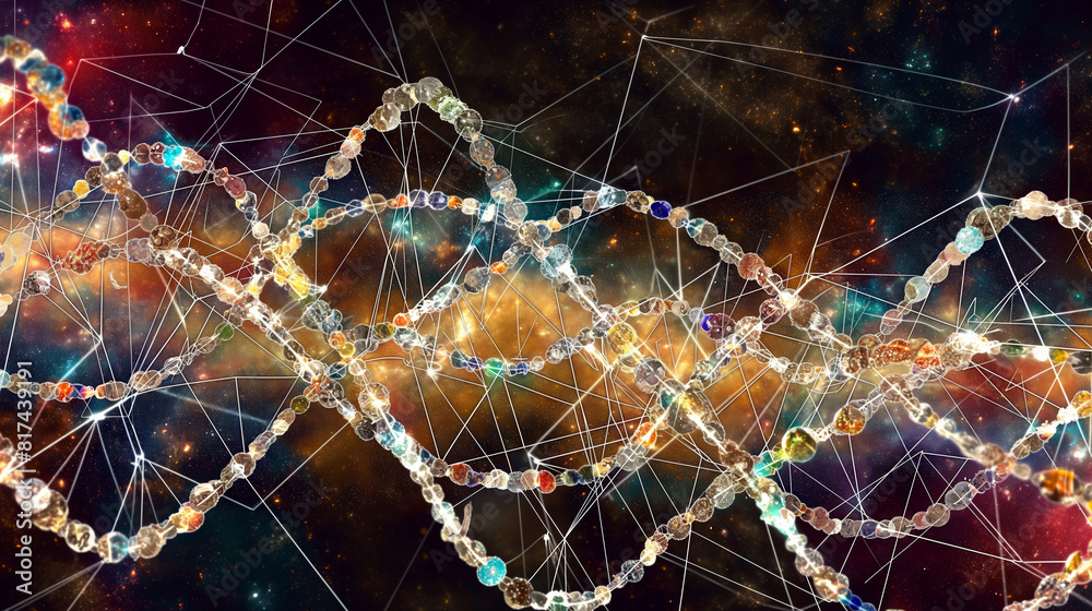 Detailed image of a complex DNA strand interwoven with cosmic elements ...