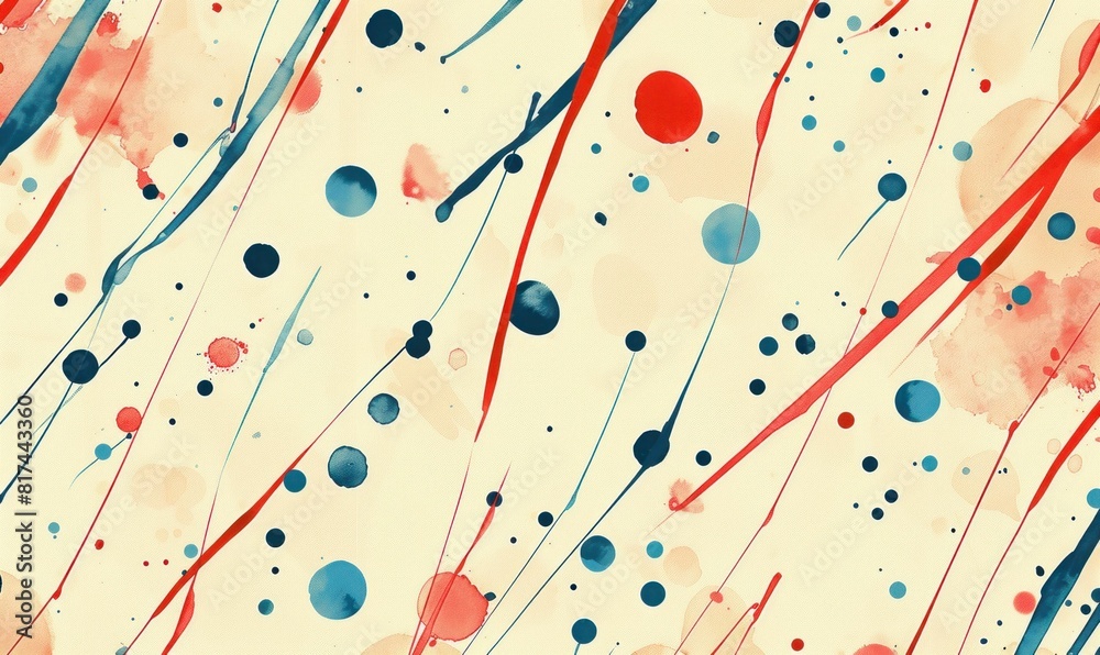 Abstract watercolor splatters in red, white and blue on beige and white ...