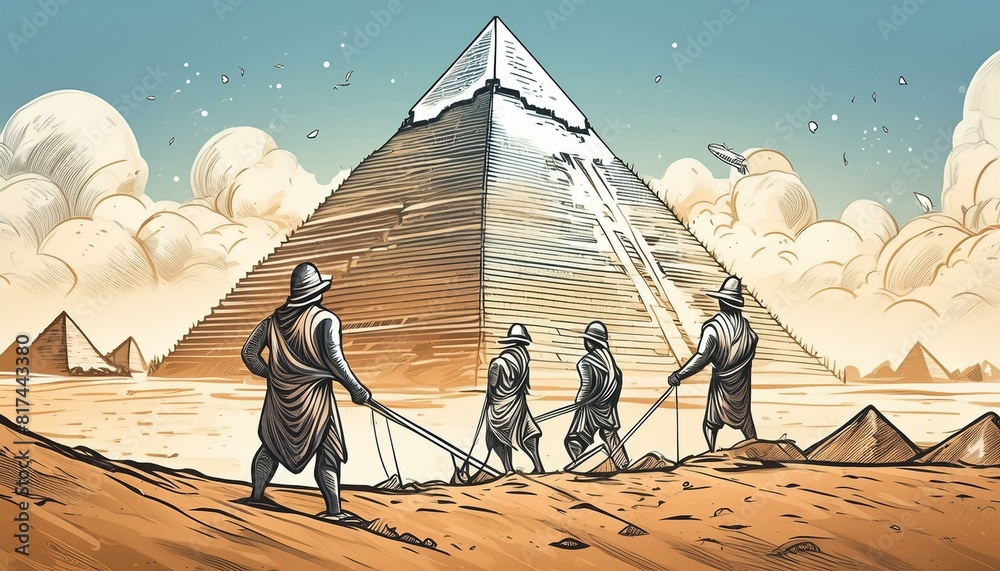 ancient workers building huge pyramid in desert with sand, salt and sky ...