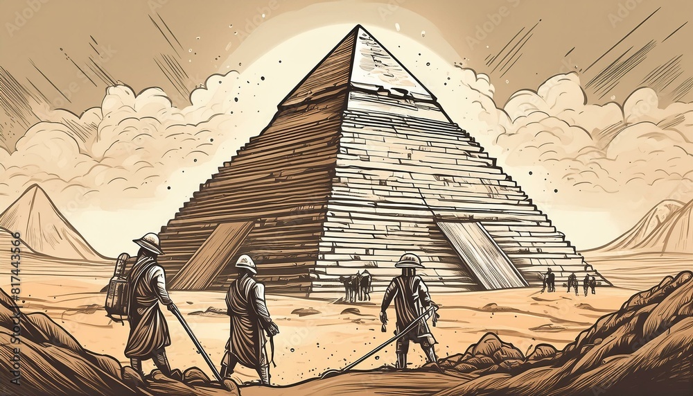 ancient workers building huge pyramid in desert with sand, salt and sky ...