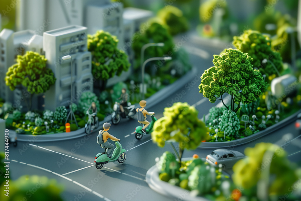 Cartoon 3D people riding ecology transport go to work. Sustainable ...