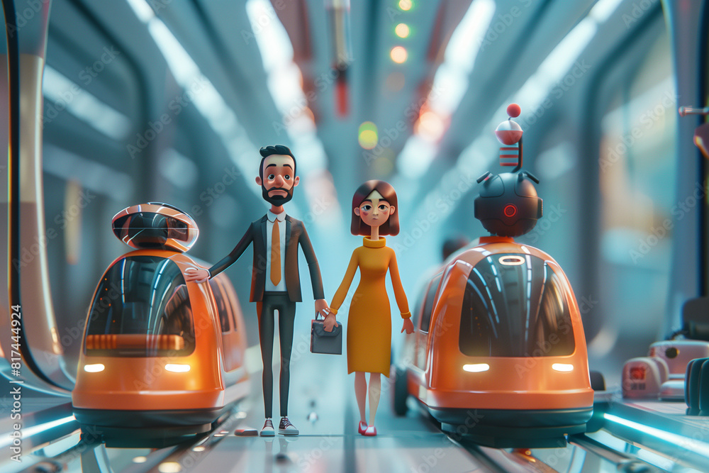 Cartoon people use public transportation go to work in the future ...