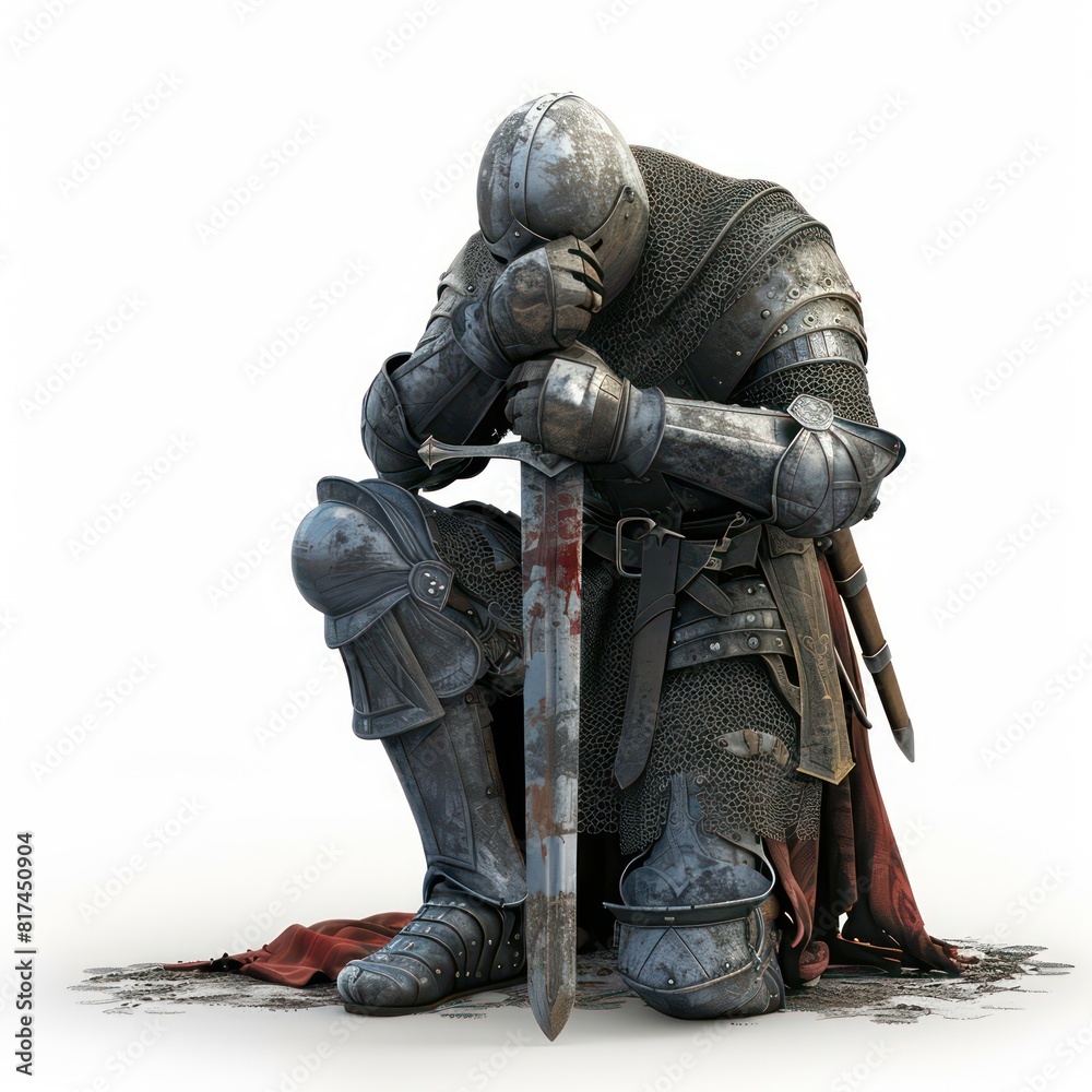 illustration of a medieval knight kneeling in prayer with a sword ...