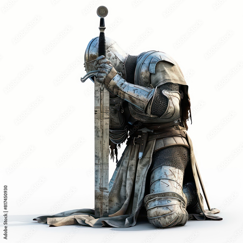 illustration of a medieval knight kneeling in prayer with a sword ...