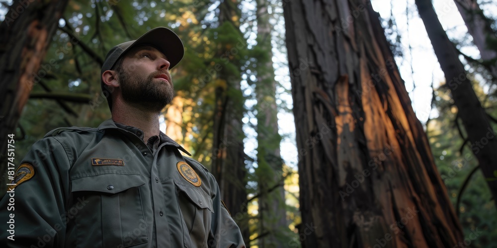 Professional smart explorer looking around and inspect at dark forest ...