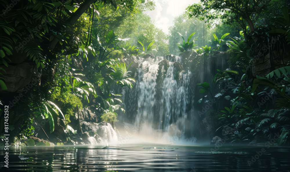 A waterfall with very huge water surrounded by a lush green jungle area ...