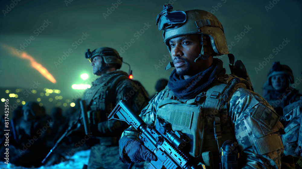 Soldiers on a night mission, mission in a city, invasion and attack ...