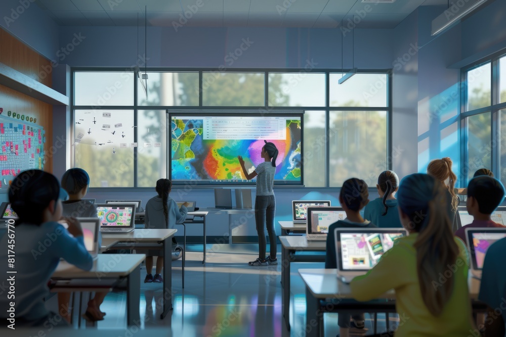 Portrait of teacher teaching about AI at digital classroom ...