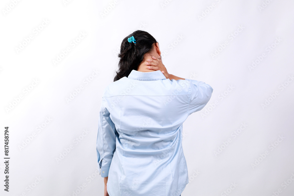 Neck pain muscle stress and strain concept. Stressed Asian woman ...