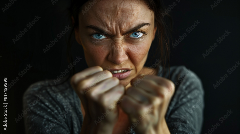 Portrait of an angry and frustrated woman clenching her fists and ...