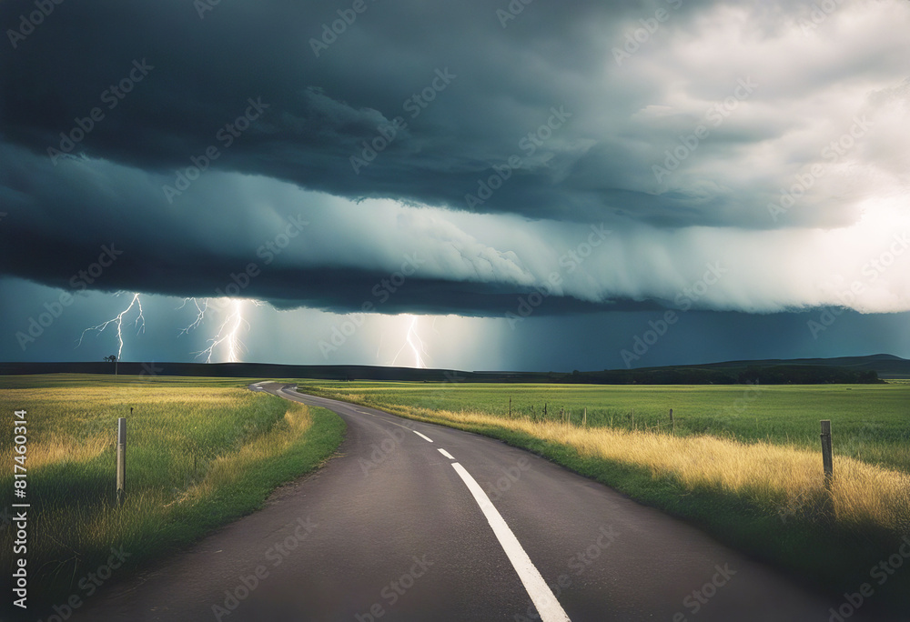 'thunderstorm caution ahead flash roadsign storm rain electric cloud ...