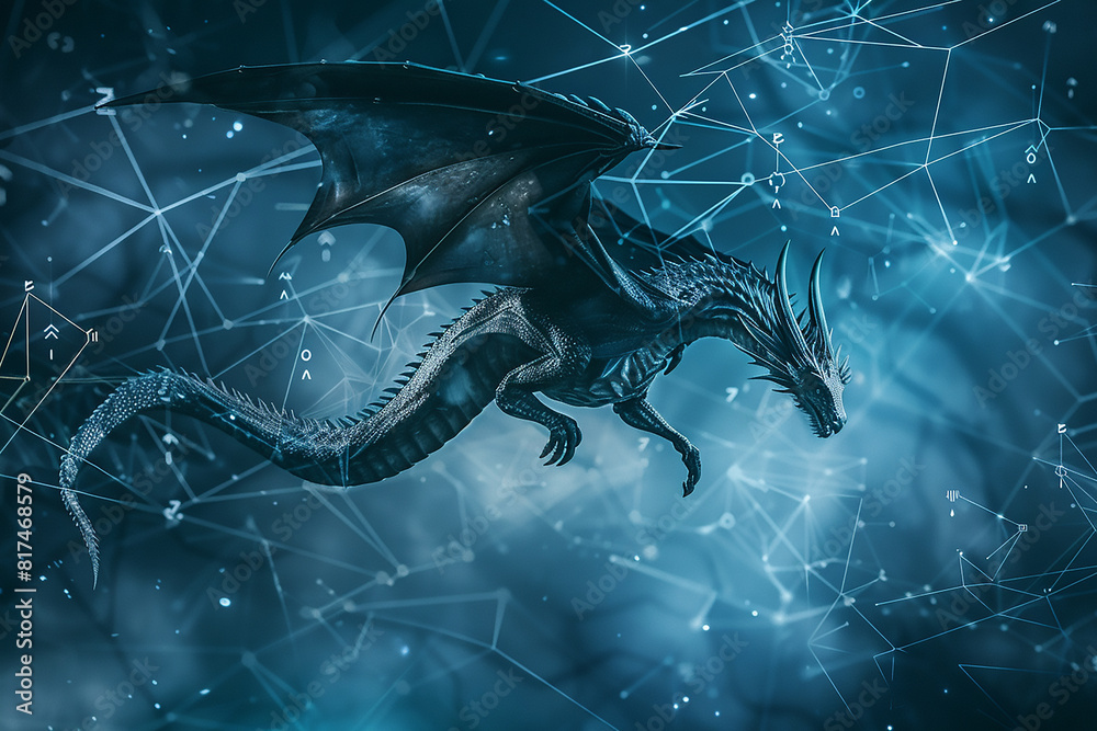 A dragon with flowing tendrils, flying through a dark blue background ...