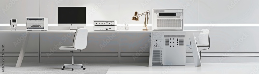 Legacy computer systems showcased in a white minimalist studio ...