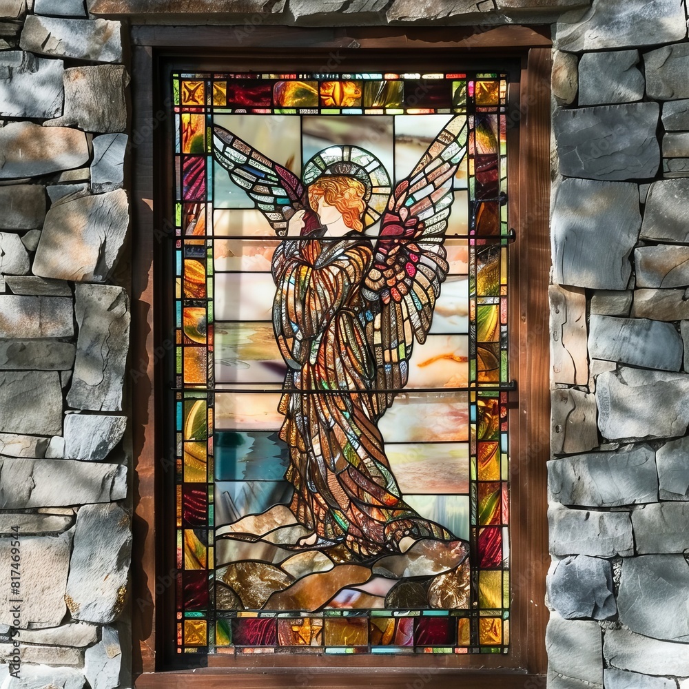 Antique stained glass window with a detailed angelic figure casting ...