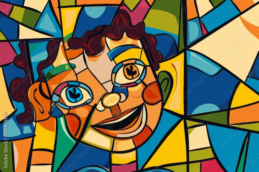 Cartoon cute doodles of a cubist-style portrait of a smiling child ...
