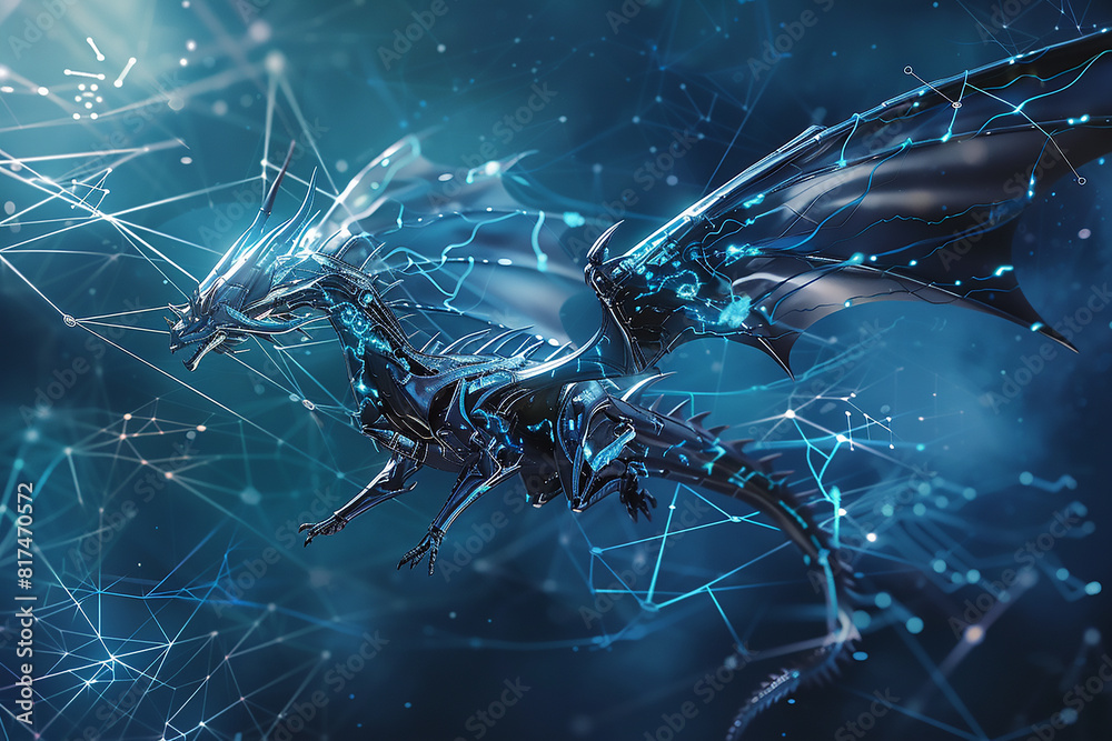 A futuristic dragon with metallic wings, soaring through a dark blue ...