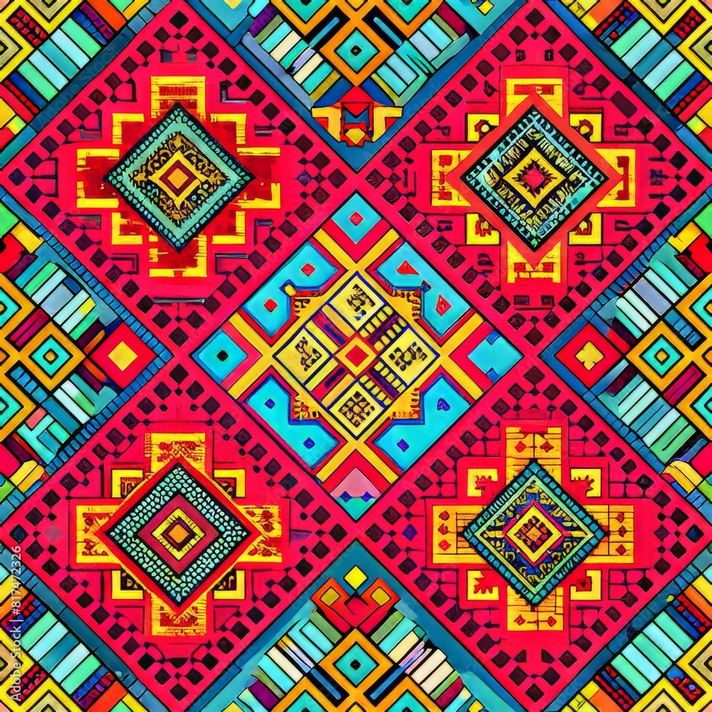Seamless pattern of traditional Hmong embroidery motifs in bright, bold ...