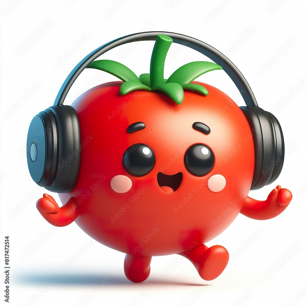 cute 3D funny cartoon tomato with small wireless headphone on head ...