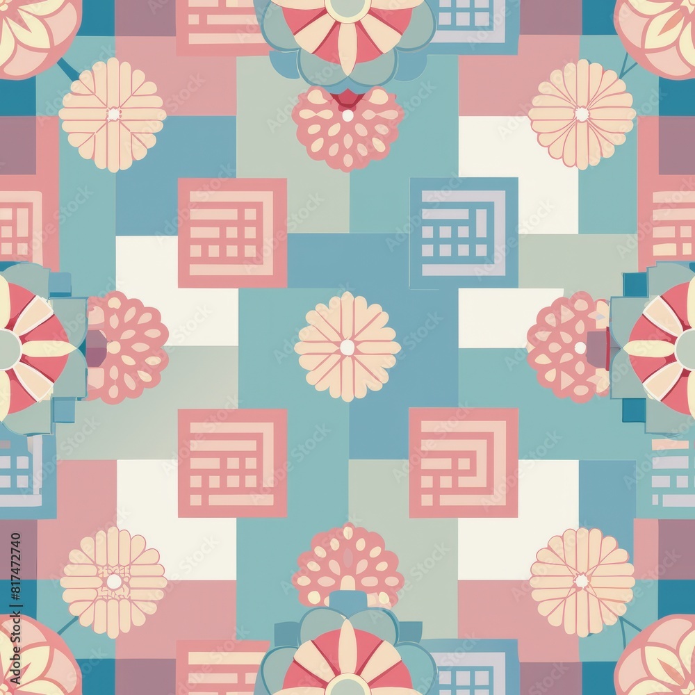 Seamless pattern of traditional Korean patchwork designs in soft pastel ...