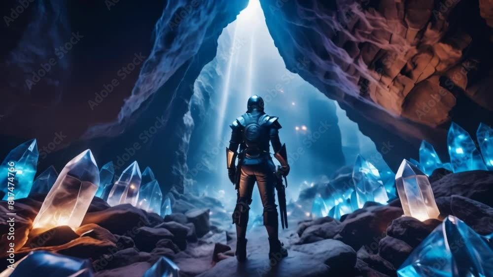 Vidéo Stock A knight in shining armor explores a cave filled with ...