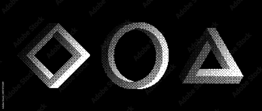 Bitmap textured impossible shapes set. Dither halftone geometric ...
