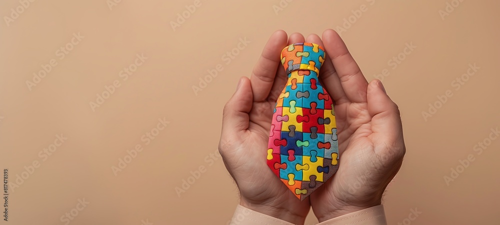 Autismo, gravata em homenagem ao autismo, mãos segurando gravata do ...