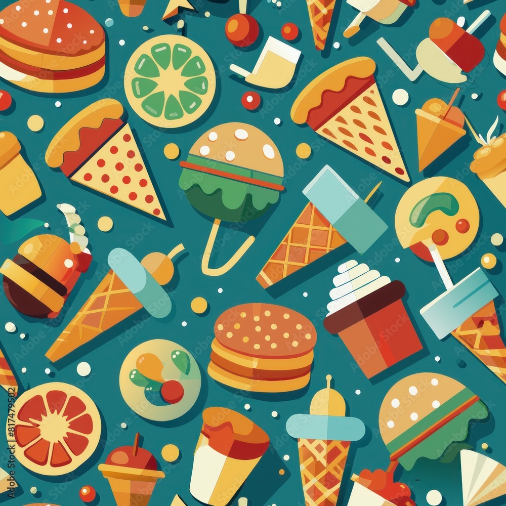 Seamless pattern of blocky food items like pizza slices, ice cream ...