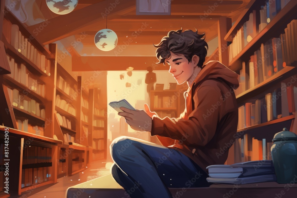 The AI-generated photo shows a young man sitting in a library, reading ...