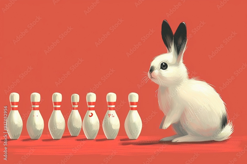 Rabbit setting up bowling pins flat design side view preparation theme ...
